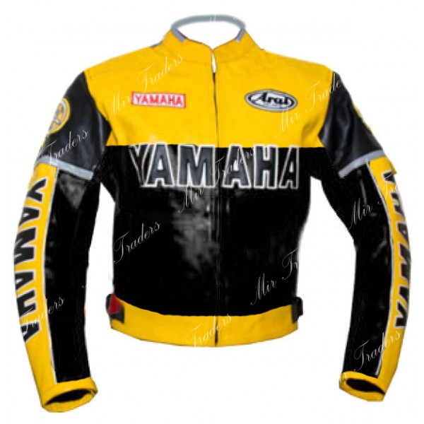 Yamaha Yellow Black Biker Leather Jacket Men's